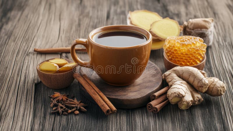 Herbal Coffee with Honey, Ginger, and Cinnamon Arranged Elegantly on ...