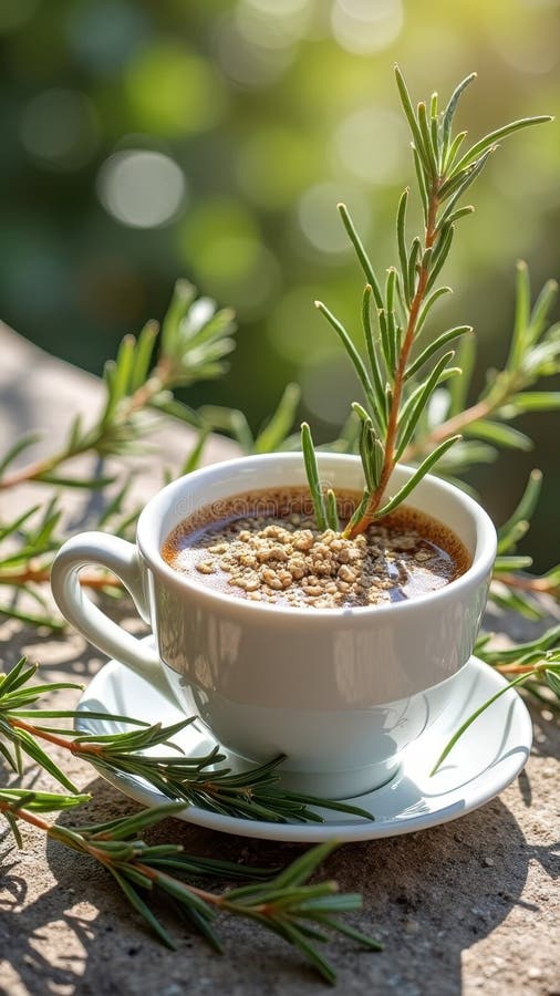 Herbal Coffee with Rosemary Garnish in Sunlit Outdoor Setting Stock ...