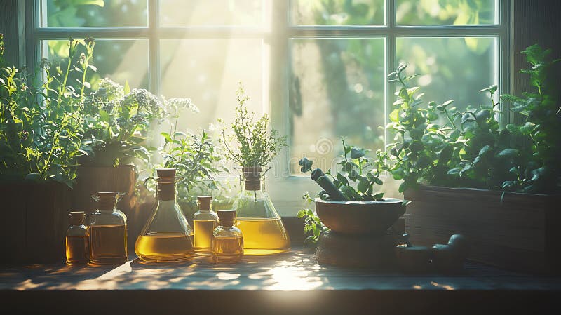 Herbal Essential Oils in Bottles and Mortar on Windowsill with Sun Rays ...