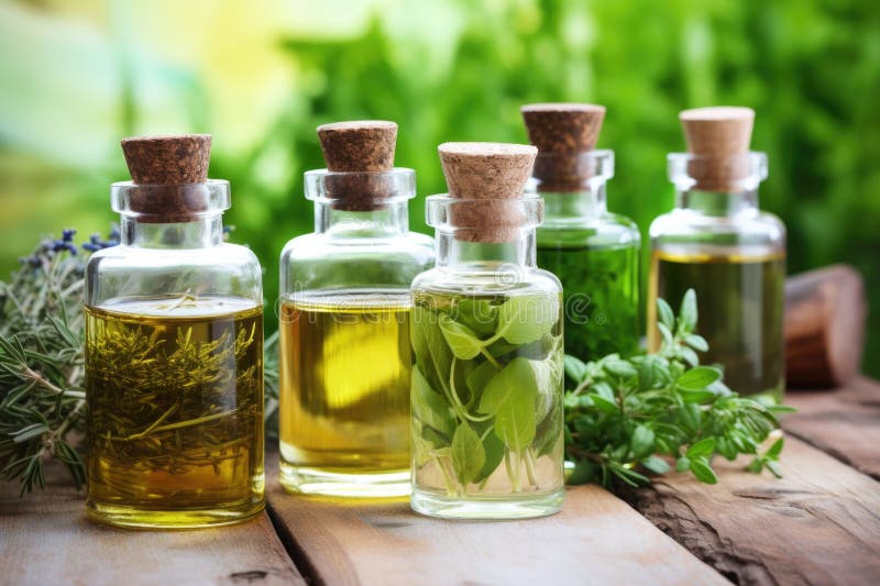 Herbal Essential Oils in Clear Glass Containers Stock Photo - Image of ...