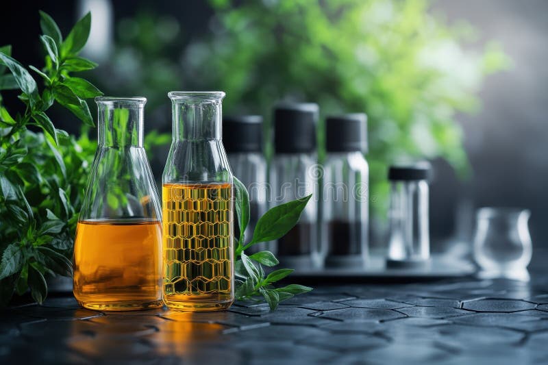 Herbal Extracts Displayed in Glass Containers with Greenery in a ...