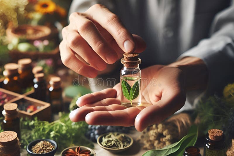 Herbal Extracts in Small Glass Bottles on Hand Stock Illustration ...