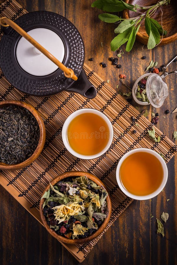 Herbal and Fruit Tea Concept with Teapot and Infuser and Assorted ...
