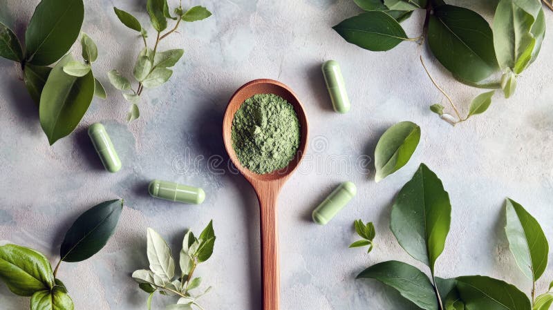 Herbal Green Powder and Capsules with Fresh Leaves on Marble Surface ...