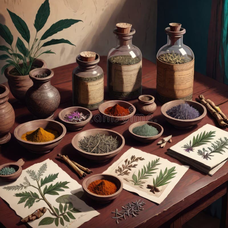 Herbal Heritage: Ayurvedic Medicine Arrangement Stock Illustration ...