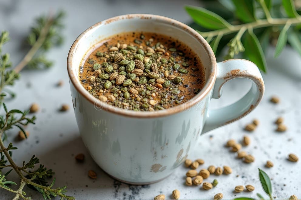 Herbal Infused Coffee with Coriander and Spice Garnish in Rustic Mug ...