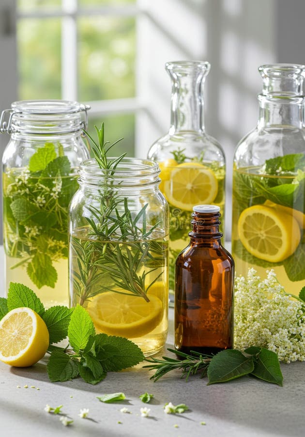 Herbal Infusions in Glass Bottles and Jars Stock Illustration ...