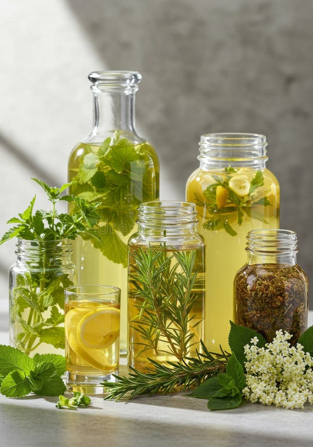 Herbal Infusions in Glass Bottles on Table Stock Illustration ...