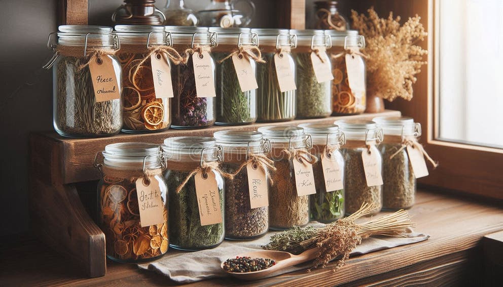 Herbal Jar Display in Rustic Kitchen Setting Stock Illustration ...
