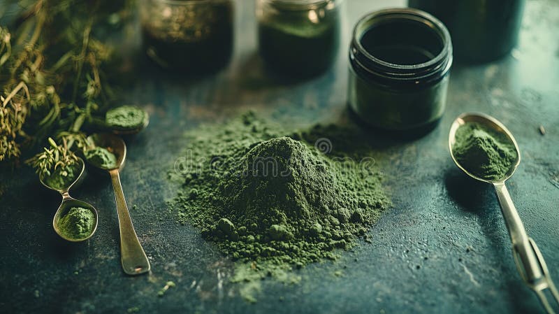 Herbal Lab Scene with Green Powder and Measuring Spoons. Stock Photo ...