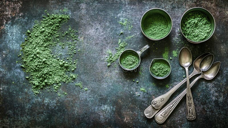 Herbal Lab Scene with Green Powder and Measuring Spoons. Stock Photo ...
