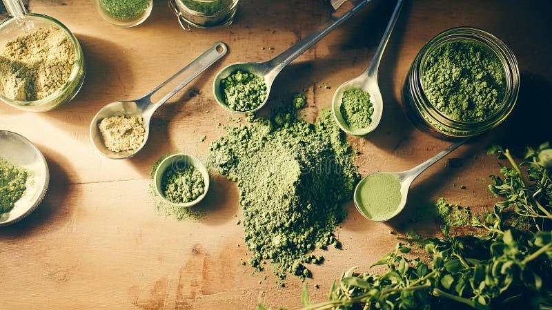 Herbal Lab Scene with Green Powder and Measuring Spoons. Stock Image ...