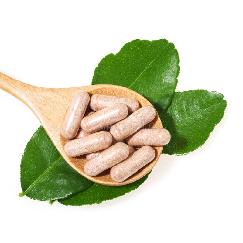Herbal Medicine Capsules Leaf Herb Isolated White Bac Stock Photos ...