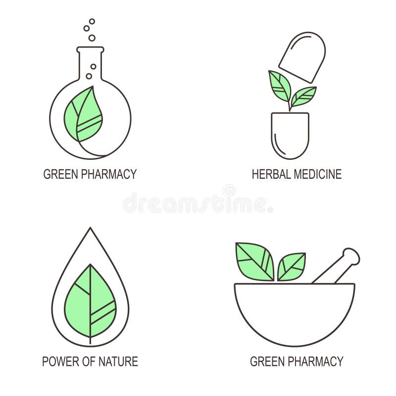Green Pharmacy and Herbal Medicine Icons Stock Vector - Illustration of ...