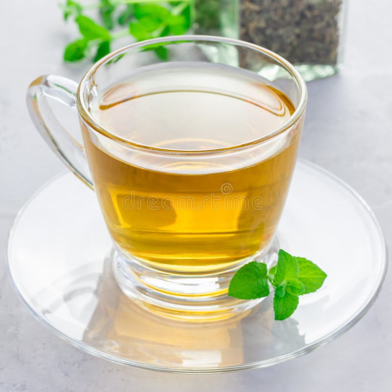 Herbal Mint Tea in Glass Cup with Fresh Peppermint on Background ...