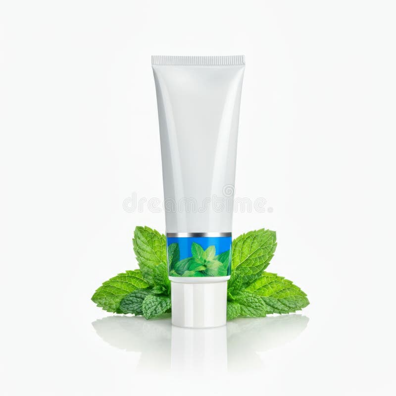 Herbal Mint Toothpaste Tube with Fresh Green Mint Leaves on White ...