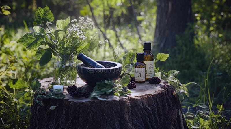 Herbal Remedies on Tree Stump in Forest with Natural Ingredients and ...