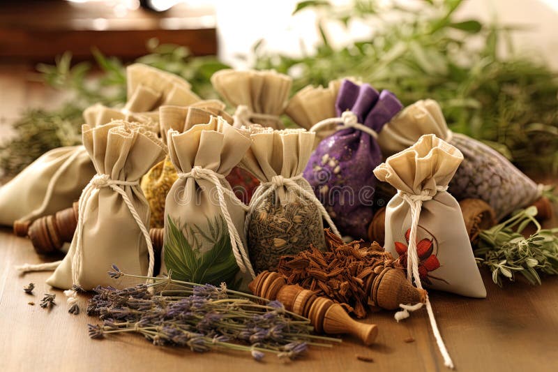 Herbal Sachets on a Table with a Selection of Plants Including Lavender ...