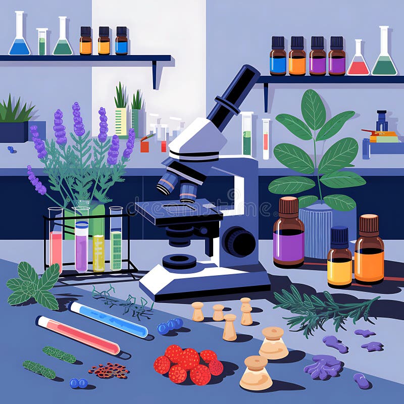 Herbal Science Laboratory with Microscope and Natural Ingredients Stock ...