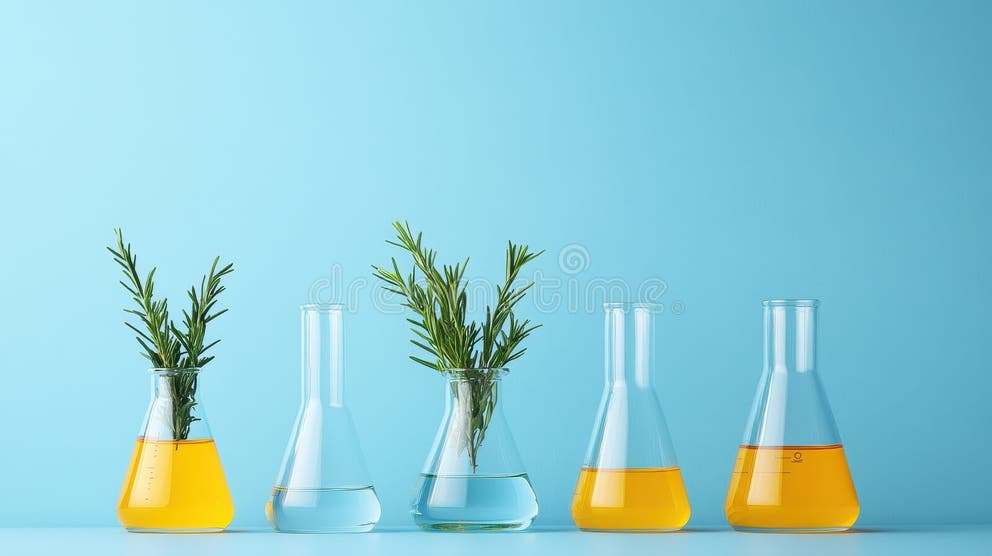 Herbal Science Rosemary Infusion in Lab Flasks on a Clean Blue ...