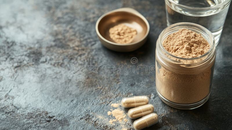 Herbal Supplements: Glass Jar with Powder and Capsules on Rustic ...