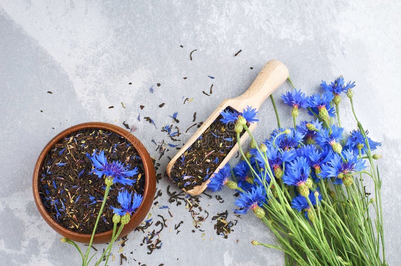 Herbal Tea Blend Flat Lay with Dried Cornflower Petals with Fresh ...
