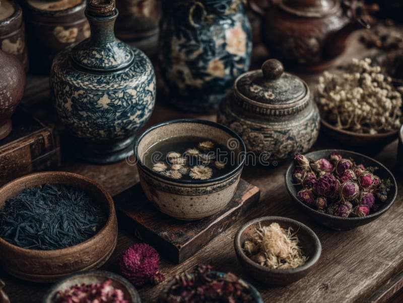 Herbal Tea Ceremony: Rustic Still Life with Vintage Ceramics Stock ...