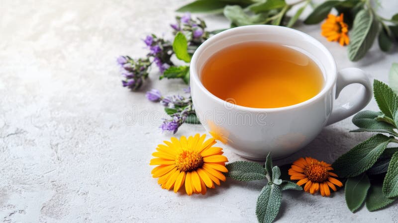 Herbal Tea with Chamomile and Sage on Rustic Tabletop with Flower Decor ...