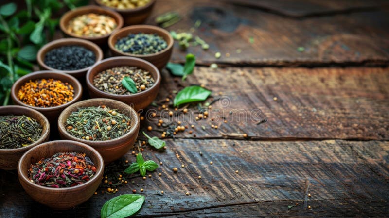 Herbal Tea Display, Various Herbal Tea Blends on a Wooden Table, with ...