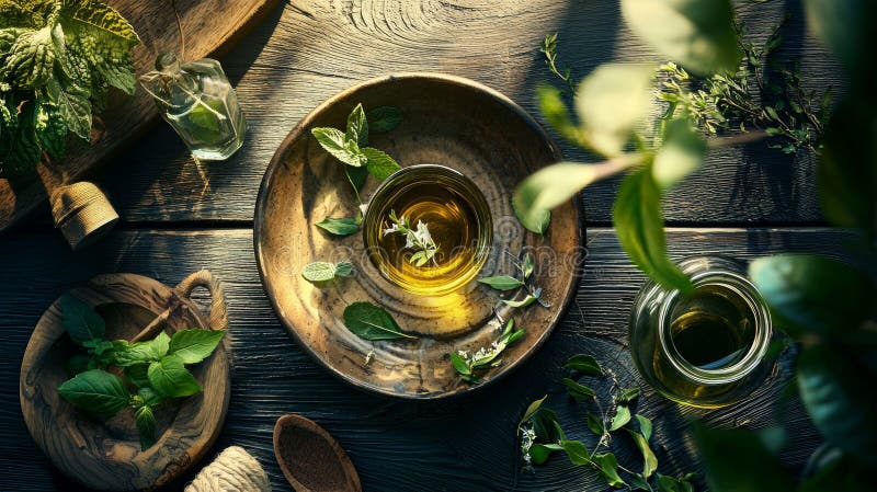 Herbal Tea with Fresh Leaves in a Rustic Setting Stock Photo - Image of ...