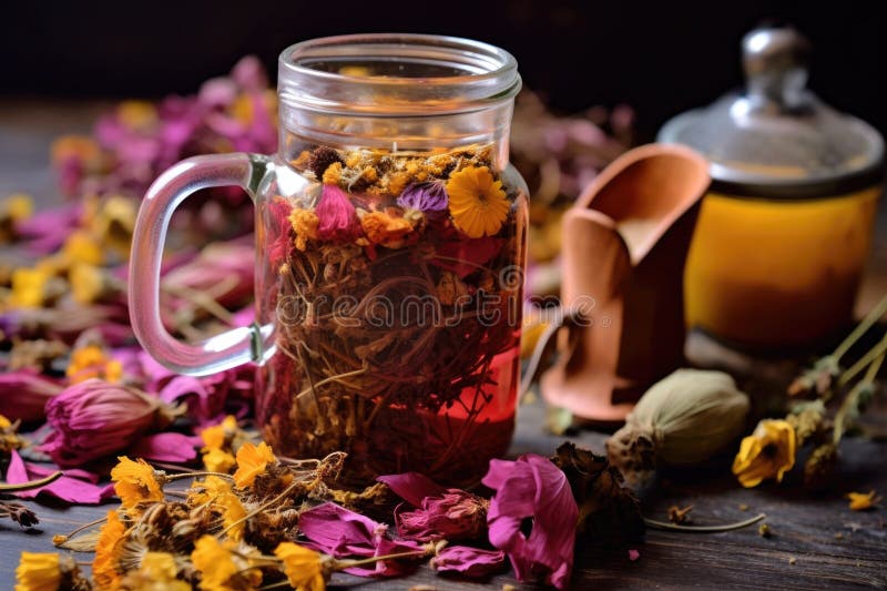Herbal Tea Infusion with Colorful Dried Flowers Stock Illustration ...