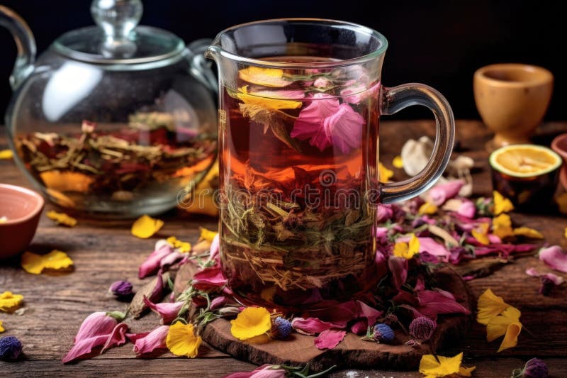 Herbal Tea Infusion with Colorful Leaves and Petals Stock Illustration ...