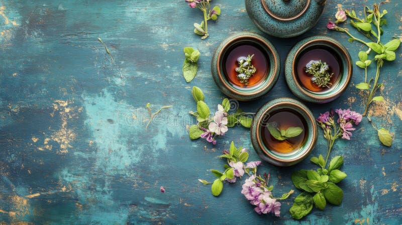 Herbal Tea Infusion Served in Rustic Teacups Stock Illustration ...