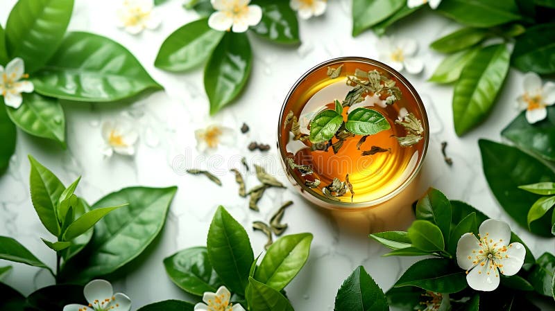 Herbal Tea Infusion Surrounded by Fresh Leaves and Delicate Blossoms in ...
