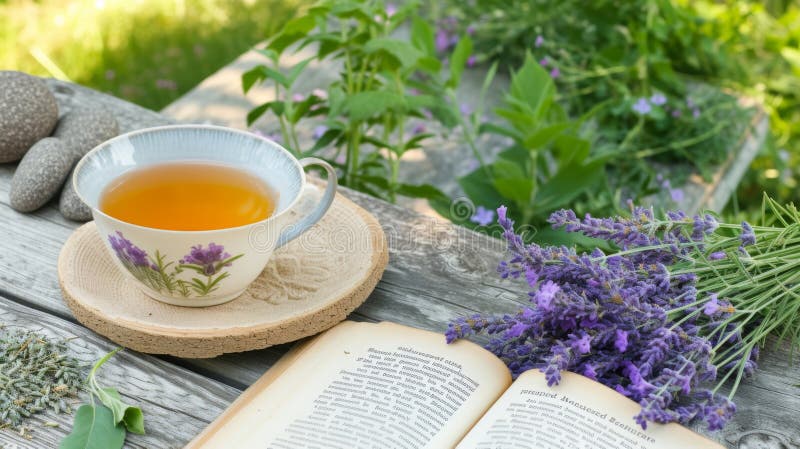 Herbal Tea and Lavender on Rustic Garden Table with Open Book Stock ...