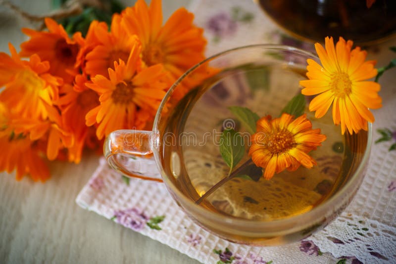 Herbal Tea with Marigold Flowers Stock Photo - Image of marigold ...