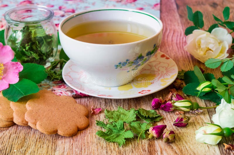 Herbal tea with roses stock photo. Image of cookies, drinks - 55173874