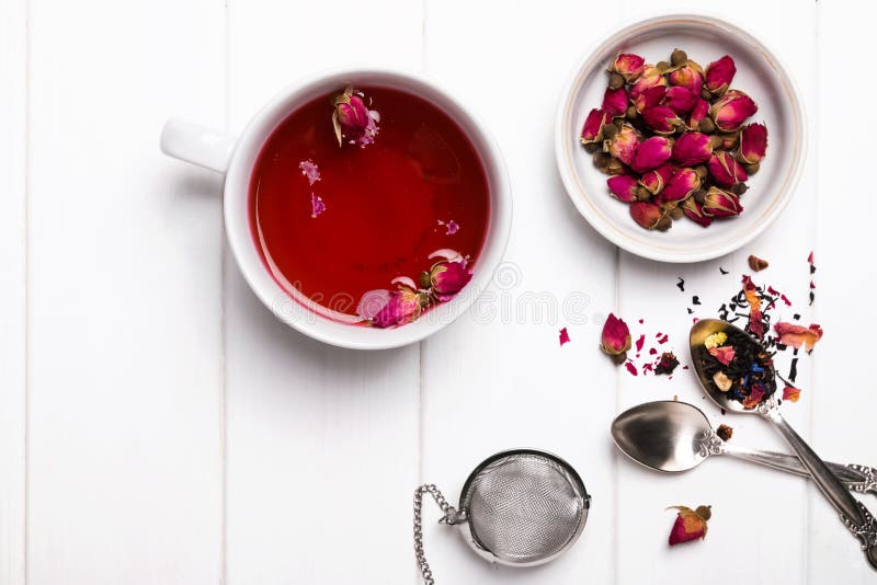 Herbal Tea with Roses on White Wooden Table Stock Image - Image of ...