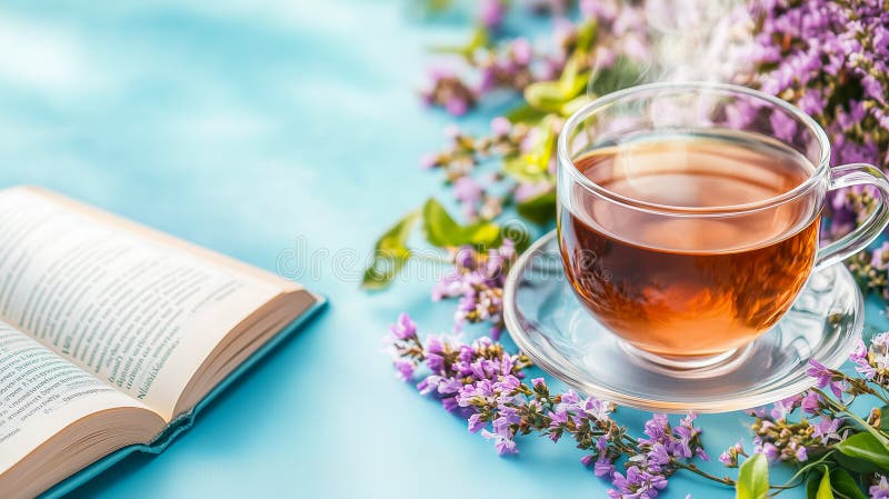 Herbal Tea Steams Gently in a Clear Cup beside an Open Book and Vibrant ...