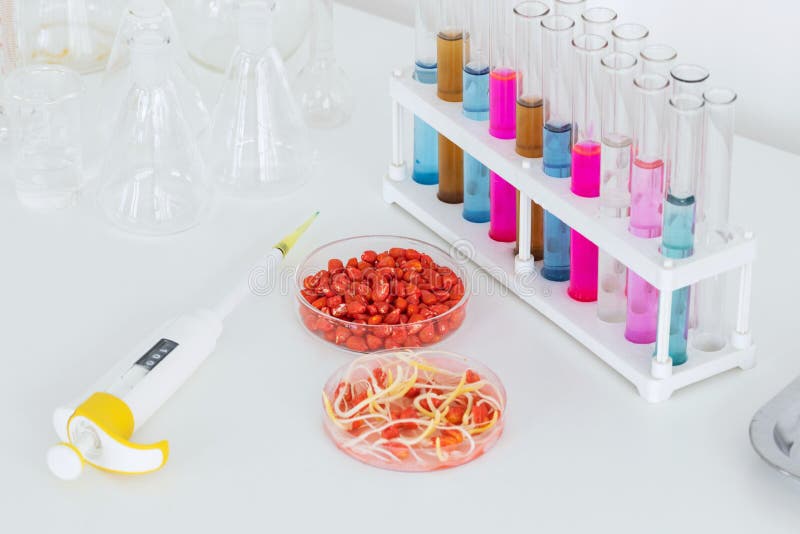 Dna Test in the Lab. Dispenser with Blood and Test Tubes Close-up Stock ...