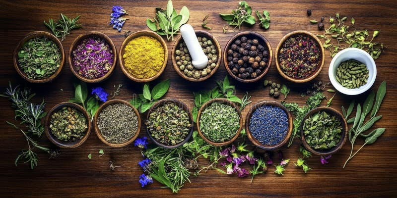 Herbs Arranged in a Range of Earthy Colors Along with a Rustic Wood Add ...