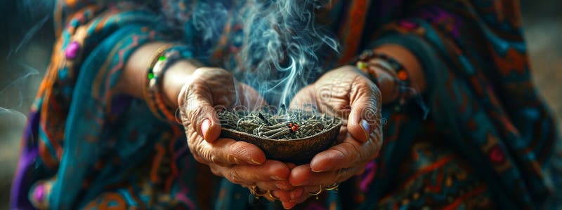Herbs Burn in the Hands of a Woman. Selective Focus Stock Illustration ...