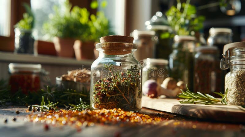 Herbs in Glass Jar on Kitchen Counter Stock Image - Image of food ...