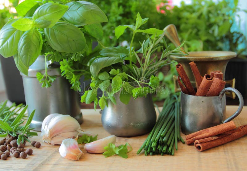 Herbs in the kitchen stock photo. Image of herbs, brass - 73220610