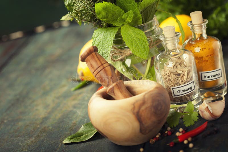 Herbs and Spices with Mortar and Pestle Stock Image - Image of organic ... Herbs and Spices with Mortar and Pestle Stock Image - Image of organic ...