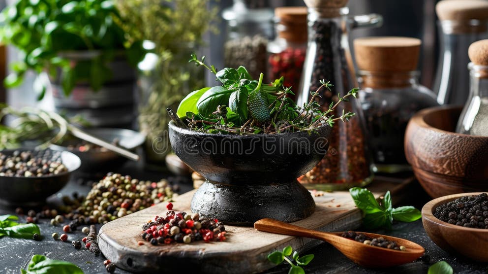 Herbs and Spices in Rustic Kitchen Setting Stock Photo - Image of table ...
