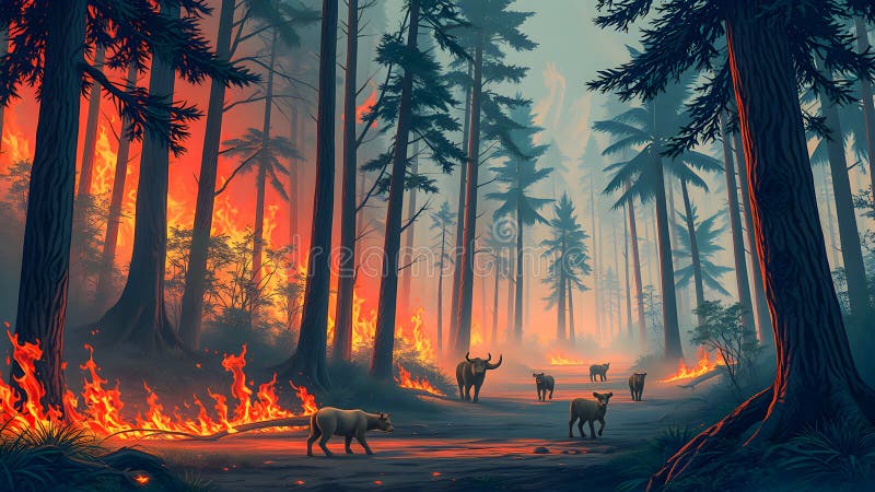 A Herd of Animals Running through a Forest Fire. Stock Photo - Image of ...
