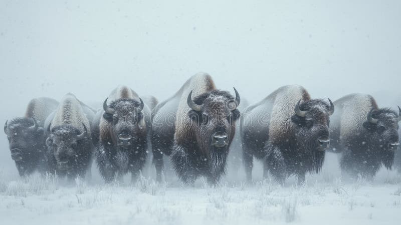 A Herd of Bison Braving a Snowy Blizzard Stock Illustration ...