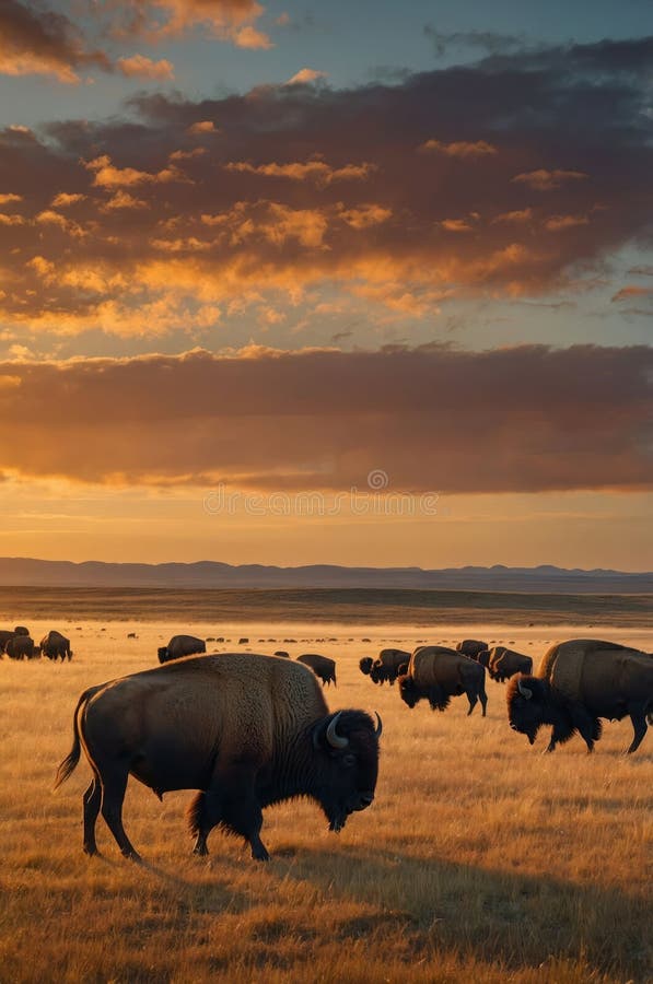 Majestic Bison Herd at Golden Hour Sunset Stock Illustration ...