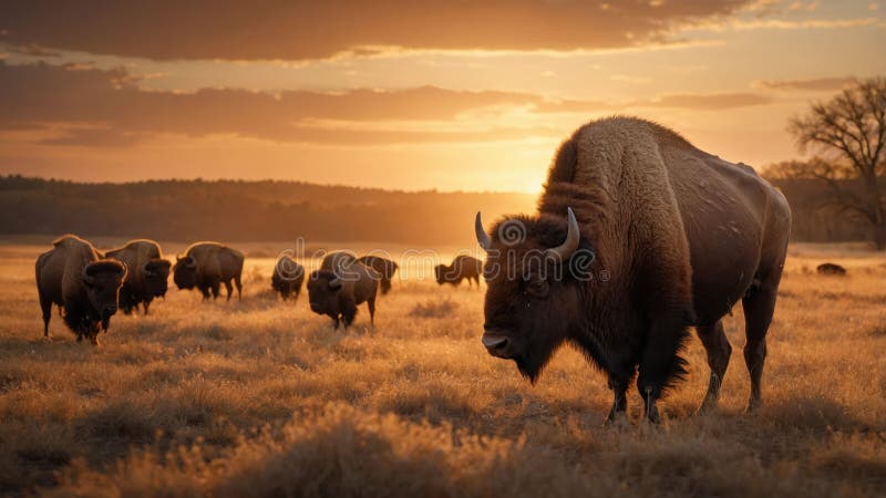 Majestic Bison at Golden Hour Sunset in the Prairie Stock Illustration ...